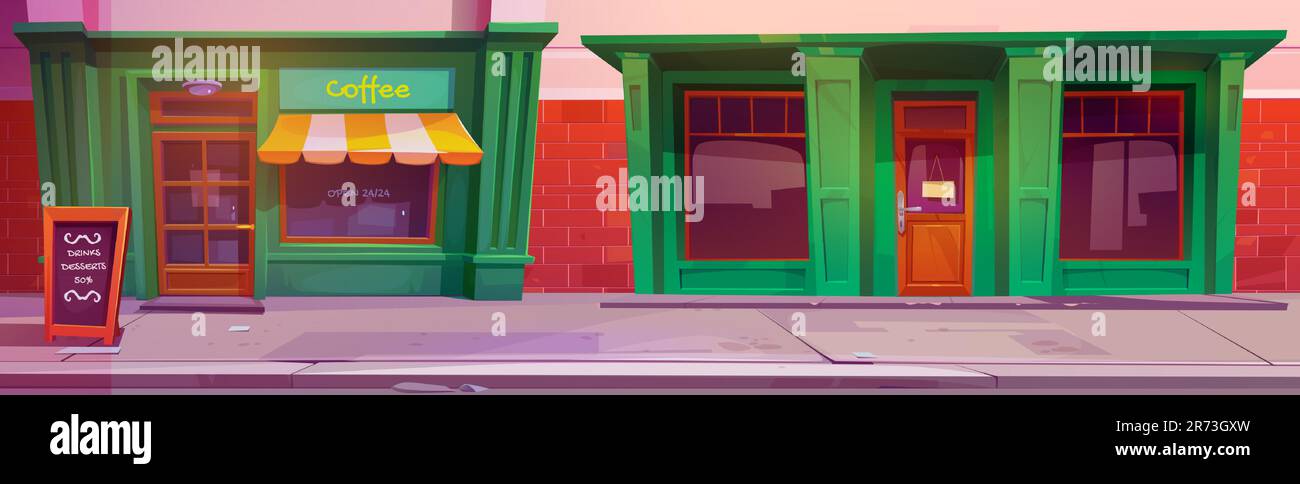 Cafe shop street exterior vector city storefront. Vintage building ...