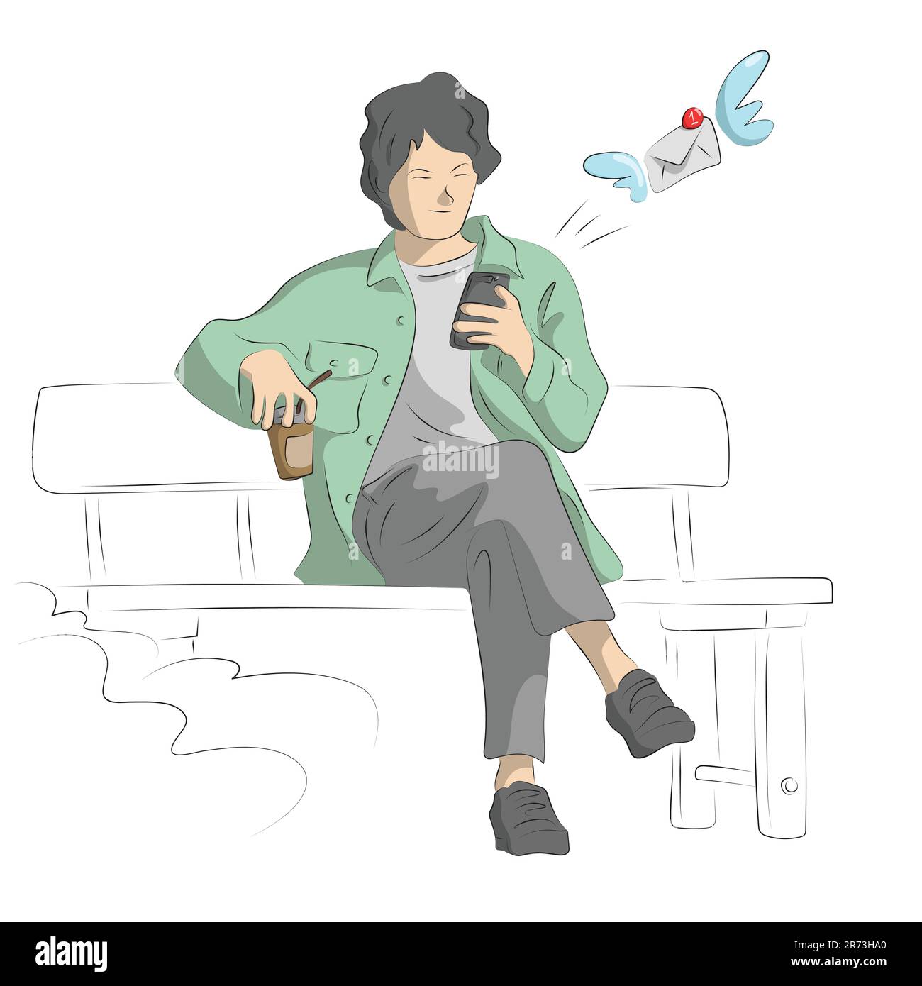 line art man using smartphone to send email in the park with takeaway ...