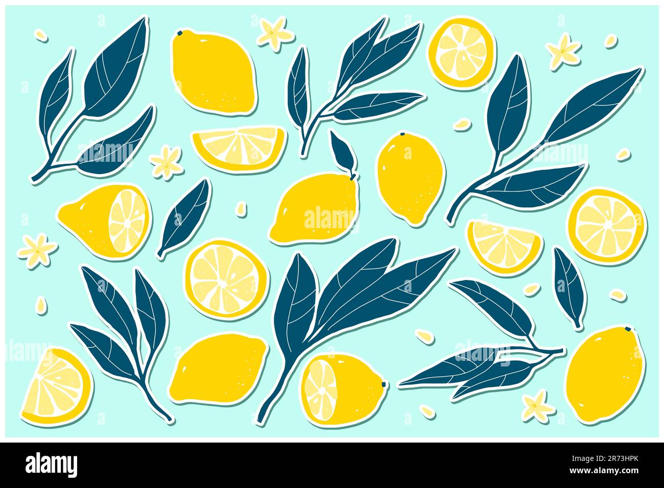 Lemon sticker set. Hand-drawn lemons on a blue background. Slice ...