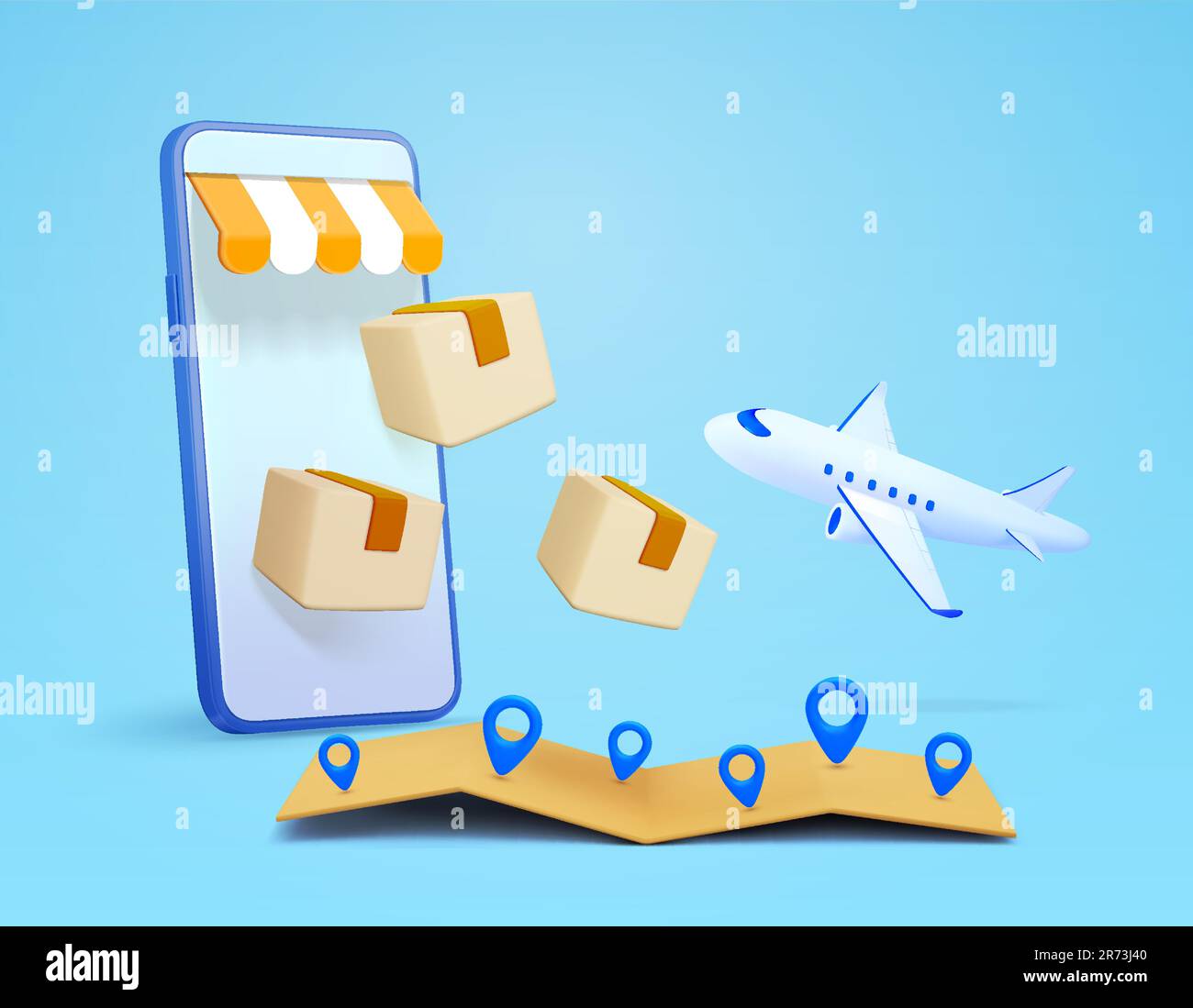 3d phone with shopping cover, shipping cargo boxes, airplane, map ...