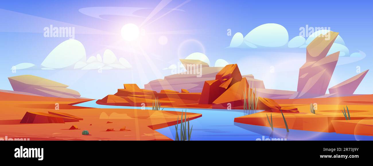 River flowing through Sahara desert. Vector cartoon illustration of hot ...