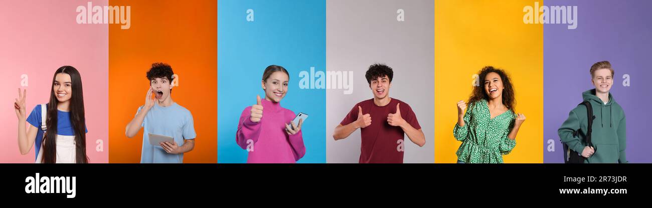 Photos of teenagers on different color backgrounds, collage Stock Photo ...