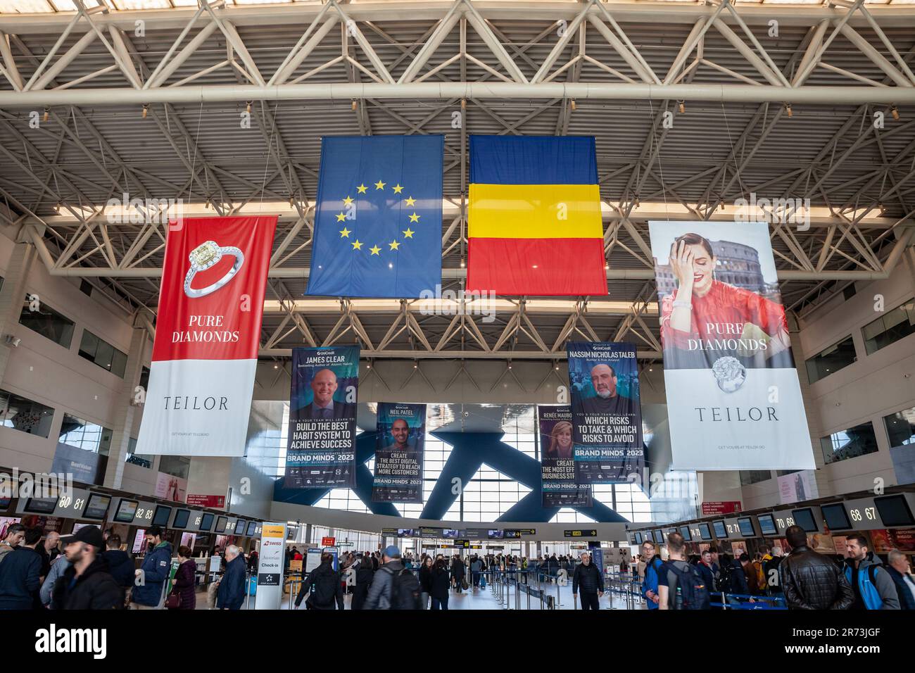 Picture of the flags of the EU and Romania in the domestic terminal ...