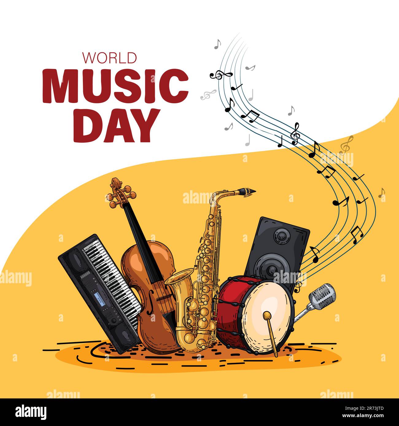 happy world music day event and musical instruments with light background. abstract vector ...