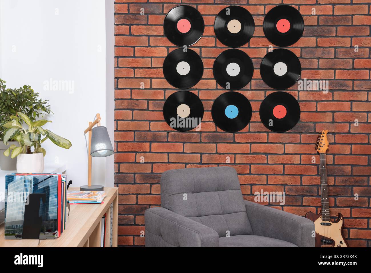 Living room decorated with vinyl records. Interior design Stock Photo ...