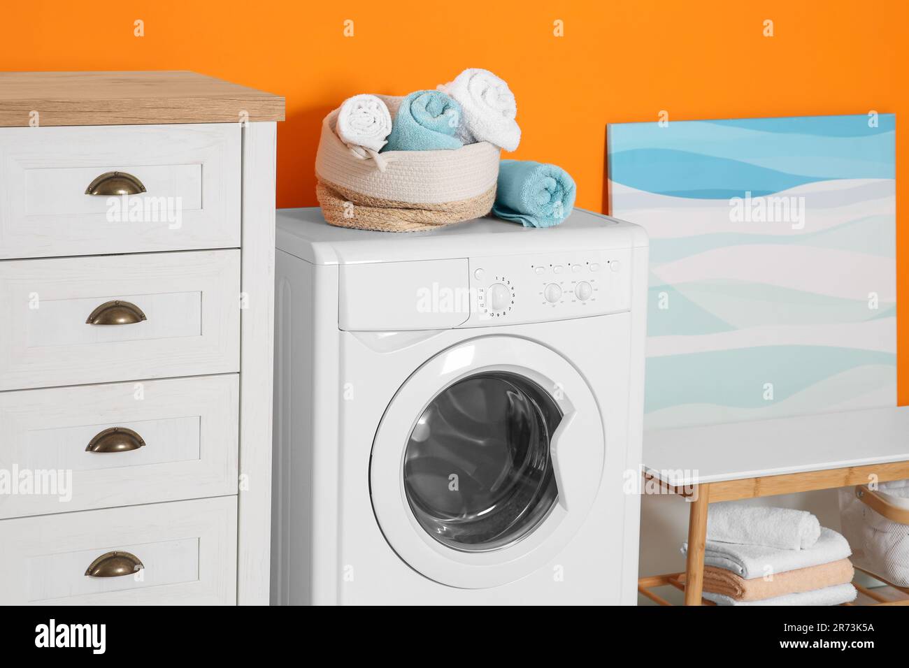 Stylish laundry room with washing machine. Interior design Stock Photo ...