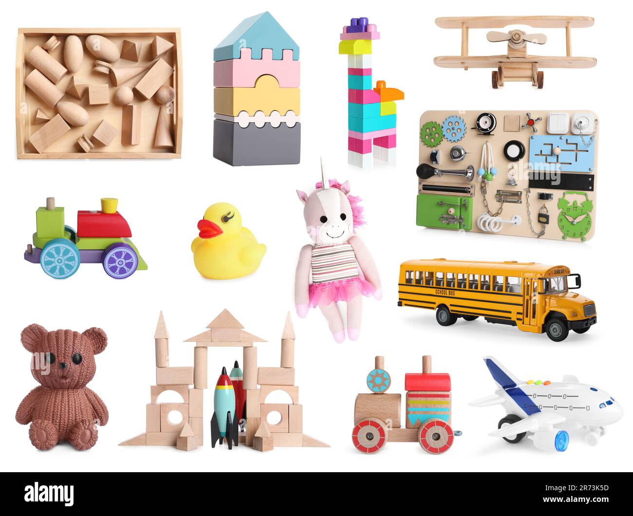 Collage with many different toys on white background Stock Photo - Alamy