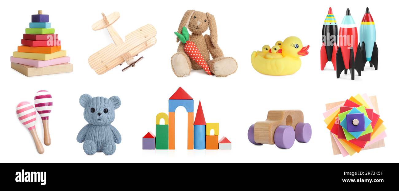 Collage with many different toys on white background Stock Photo - Alamy