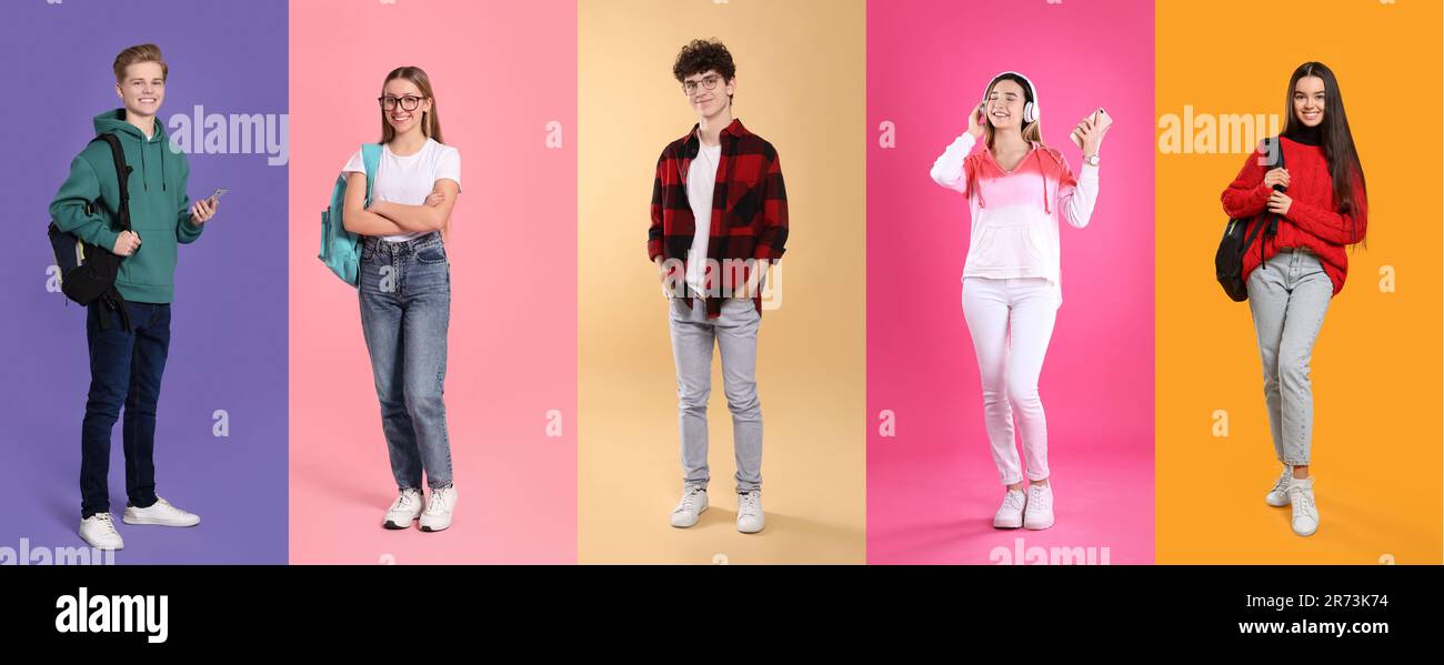 Photos of teenagers on different color backgrounds, collage Stock Photo ...
