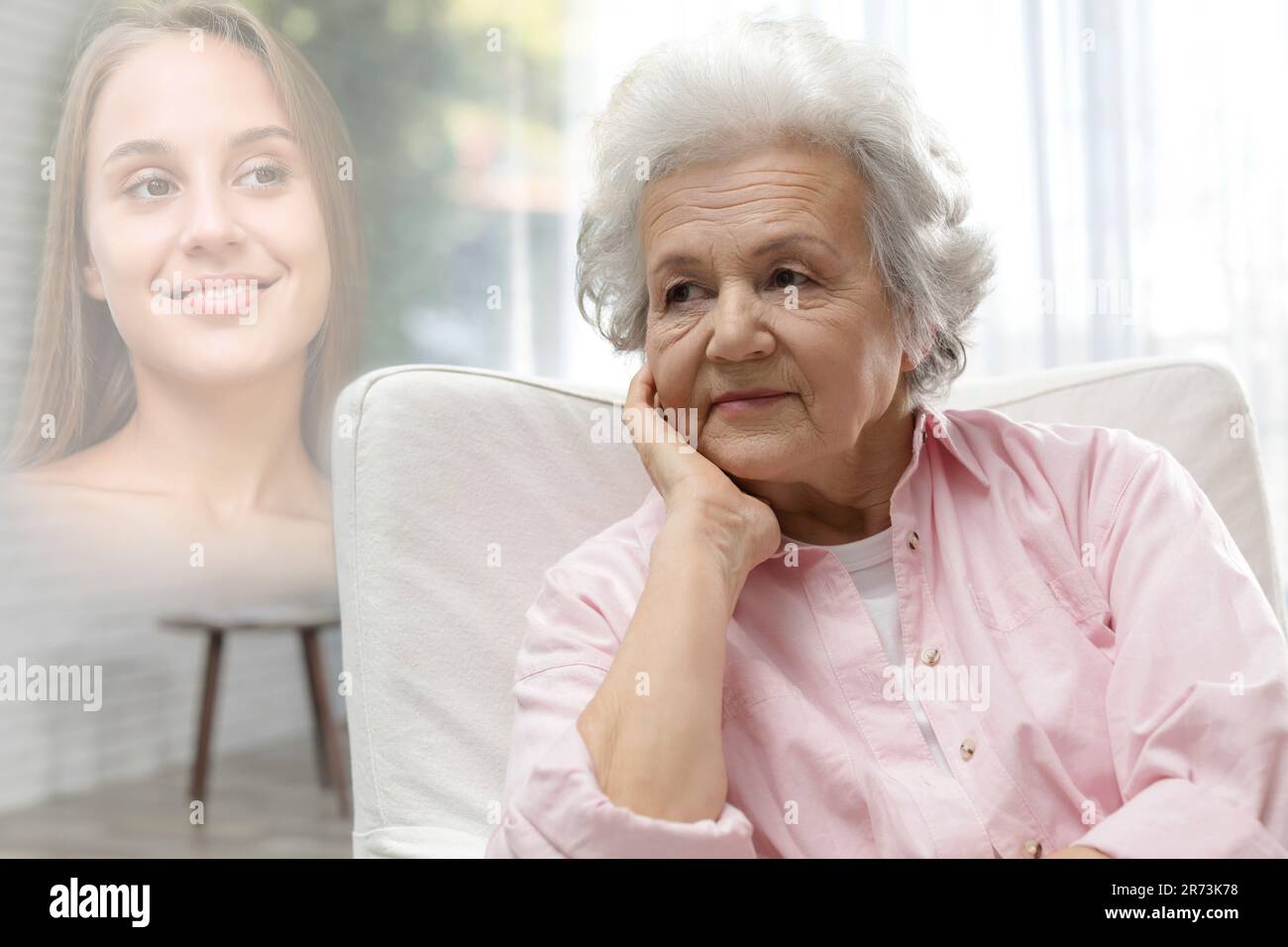 Mature woman remembering old times. Translucent picture of young girl ...