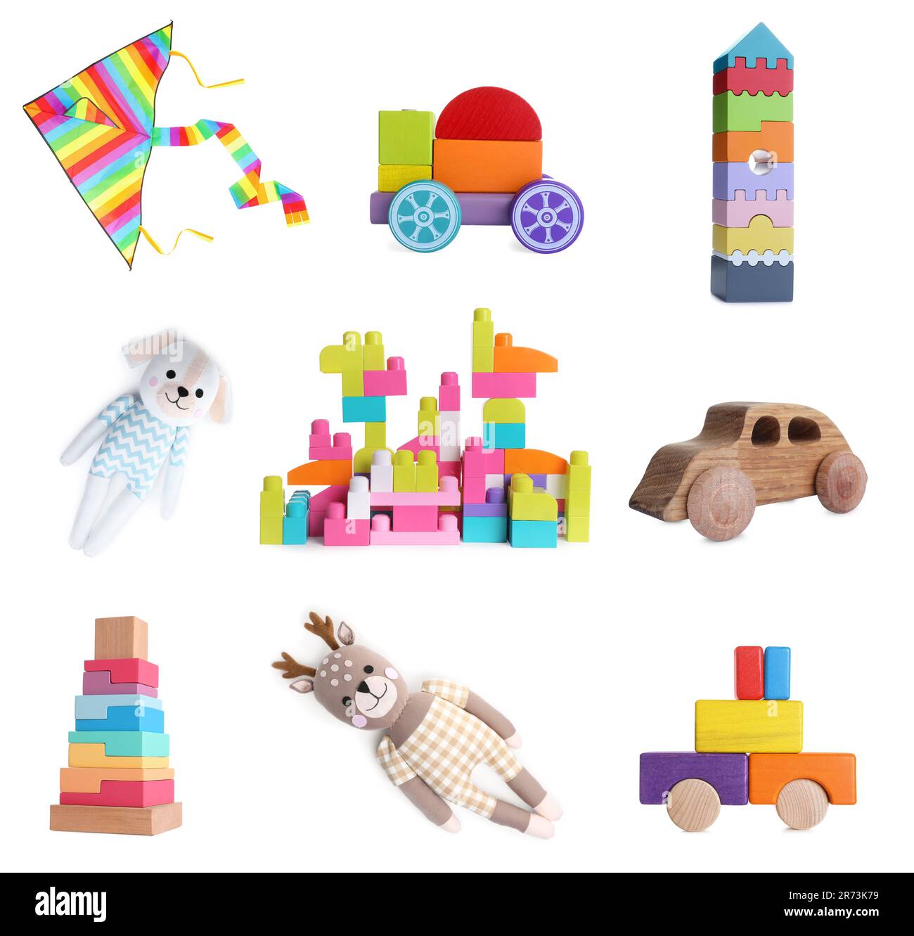 Collage with many different toys on white background Stock Photo - Alamy