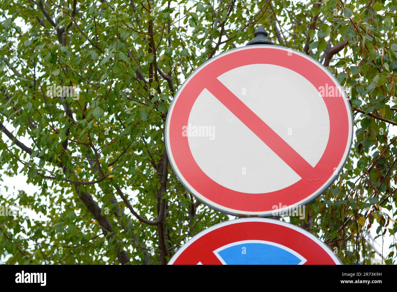 Post with traffic sign Buses and Trucks Prohibited near green tree ...