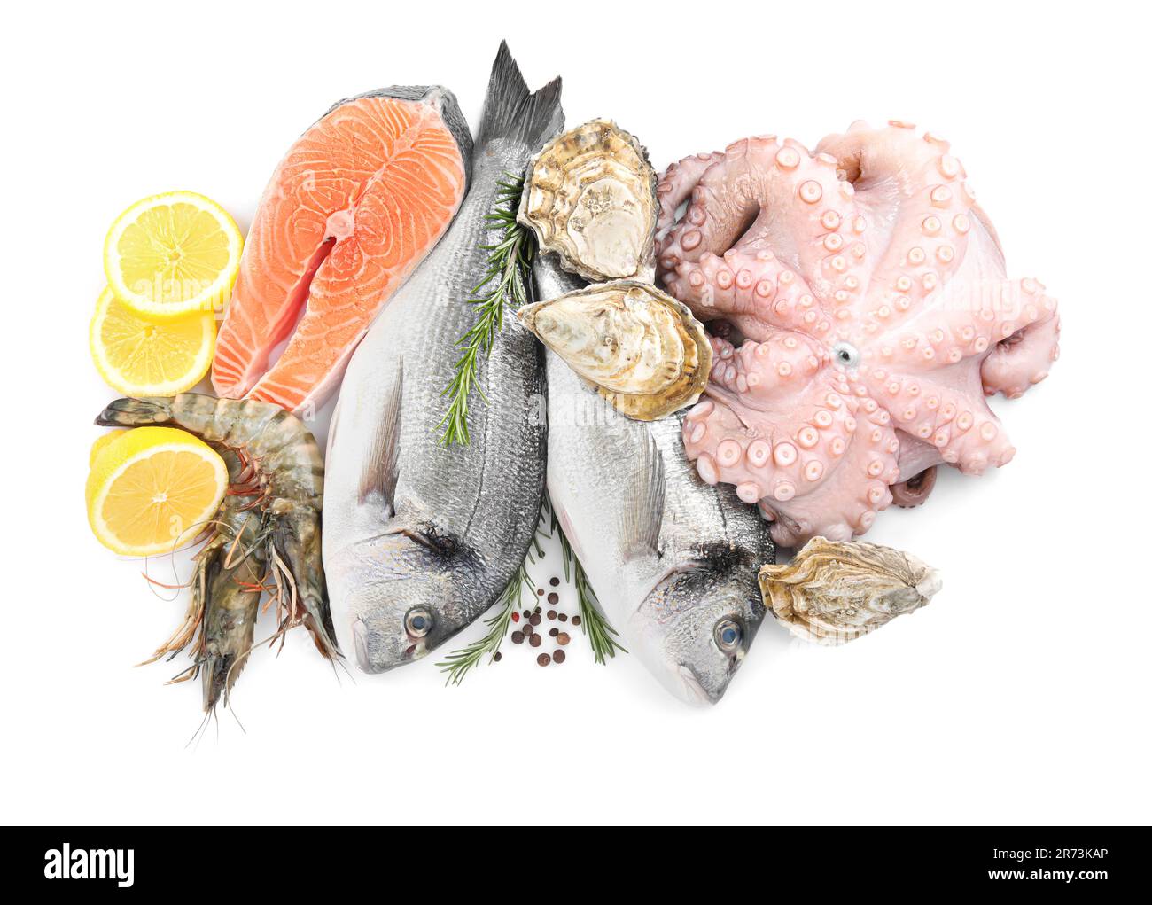 Fresh dorado fish, octopus, shrimps, oysters and salmon on white ...