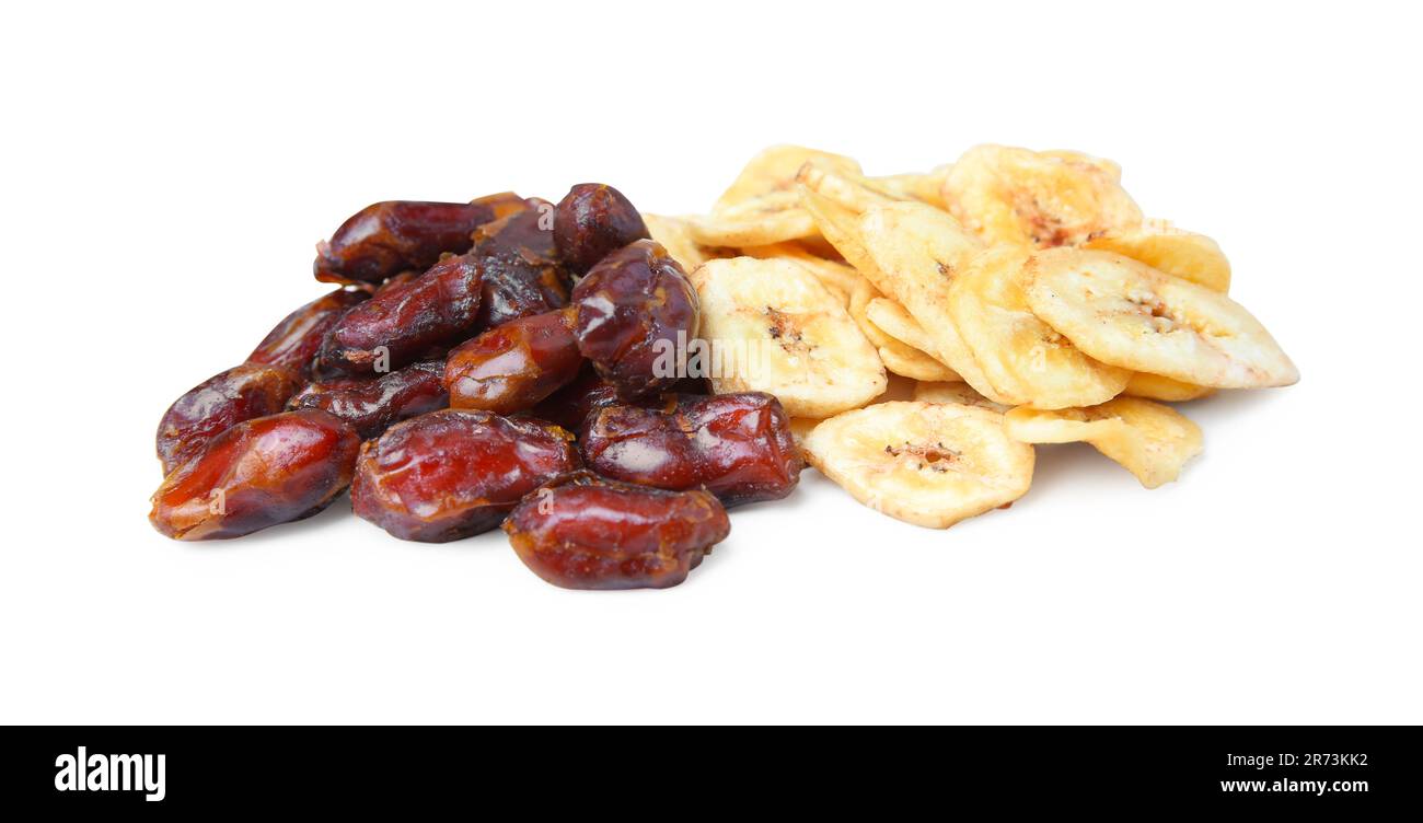 Tasty dried bananas and dates on white background Stock Photo - Alamy
