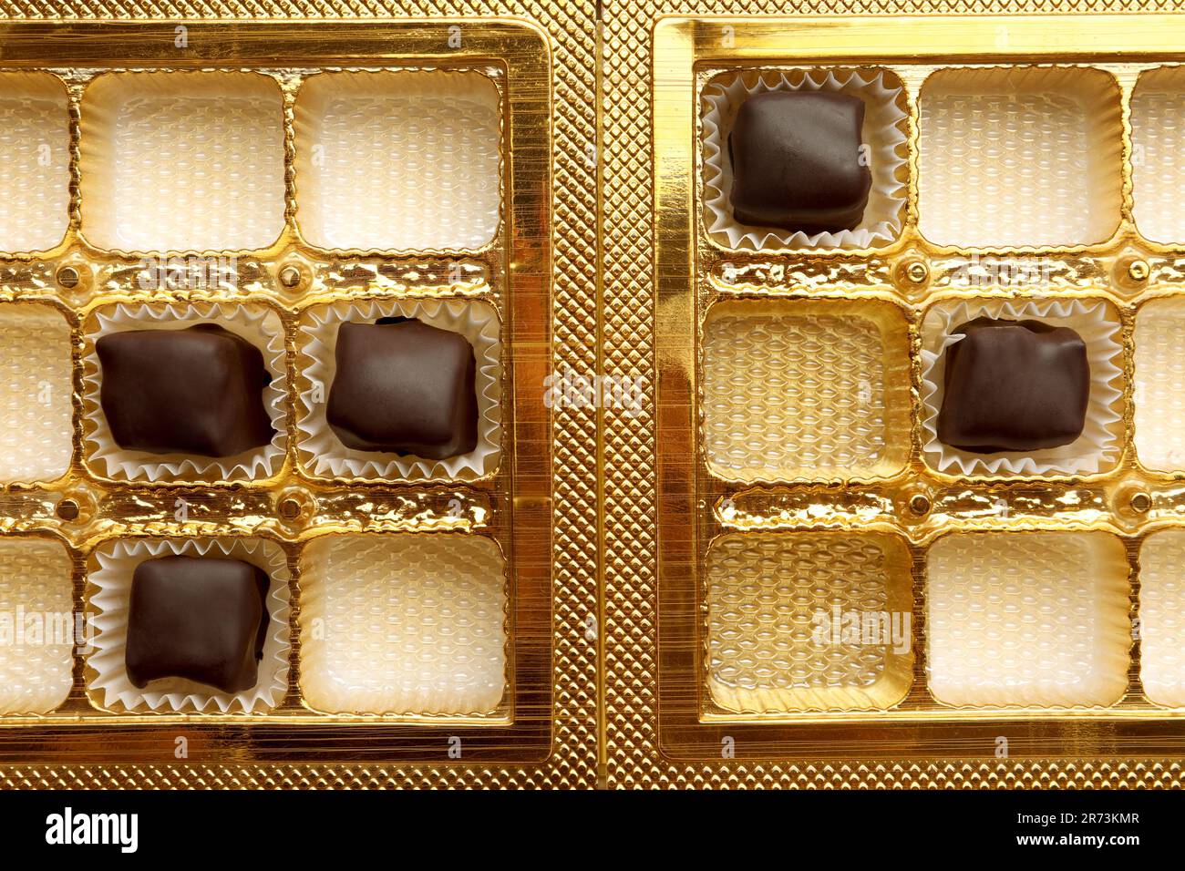 Partially empty box of chocolate candies as background, top view Stock ...