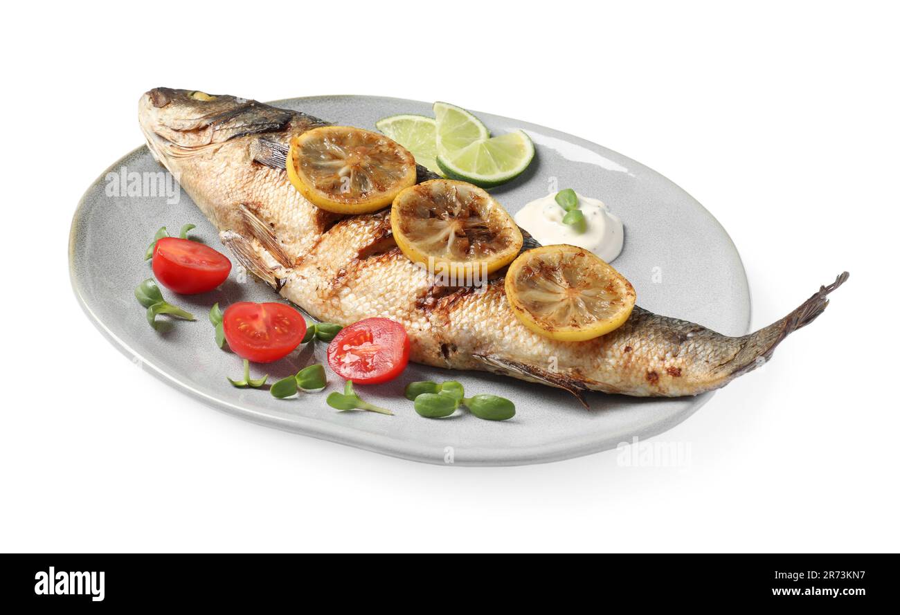 Plate with delicious roasted sea bass fish and garnish on white ...