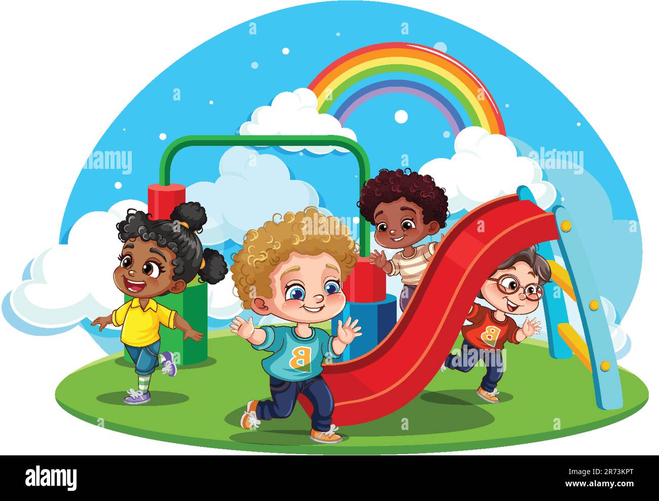 Children with different race playing at the playground slide ...