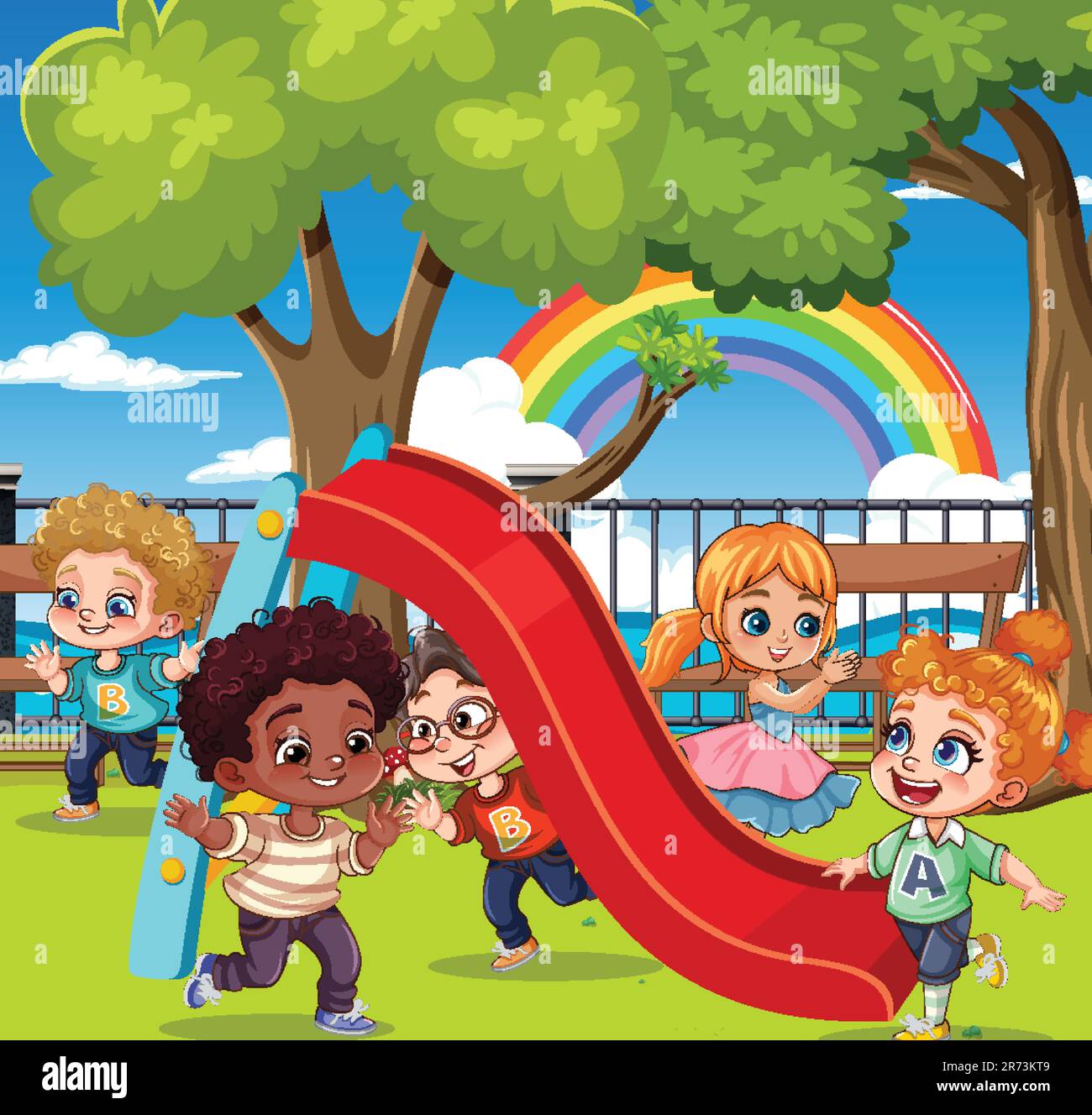 Children with different race playing at the playground illustration ...