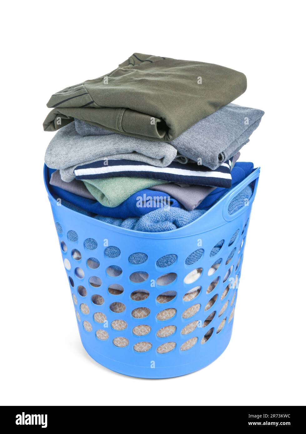 Plastic laundry basket with clean clothes isolated on white Stock Photo ...