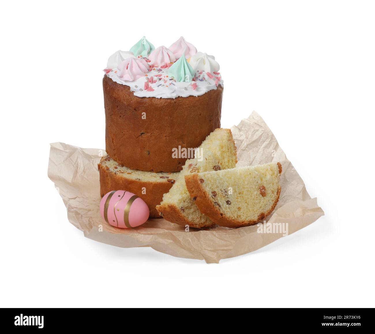 Traditional Easter cake with meringues and decorated egg on white ...