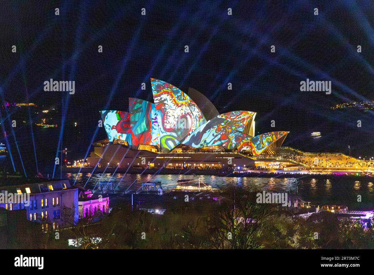 VIVID Sydney 2023. Light show and lighting of the sails of the Opera House in Sydney Harbour ...
