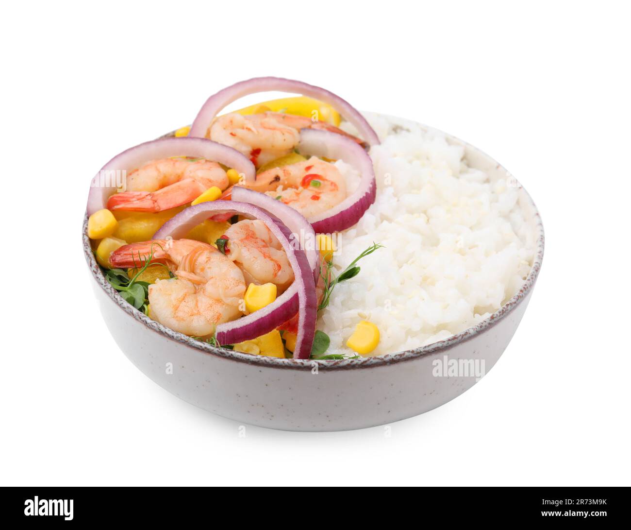 Delicious poke bowl with shrimps, rice and vegetables isolated on white ...