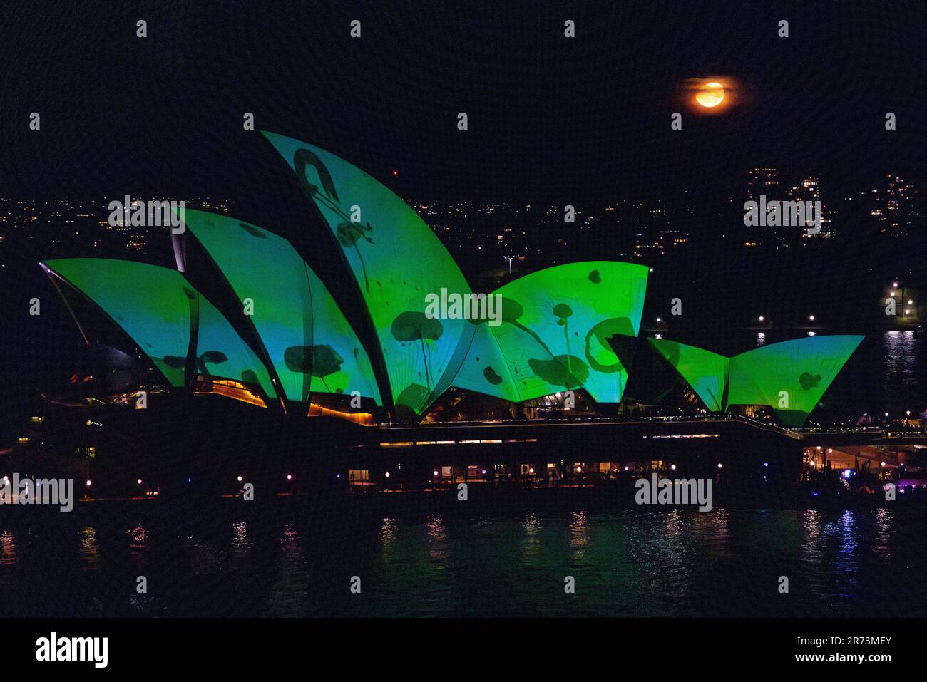 VIVID Sydney 2023. Lighting of the sails of the Opera House, Sydney Harbour. Moon rising above ...