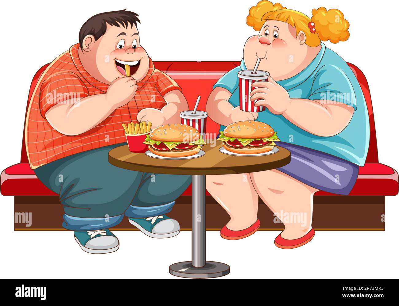 Fat couple eating fast food at the restaurant illustration Stock Vector ...