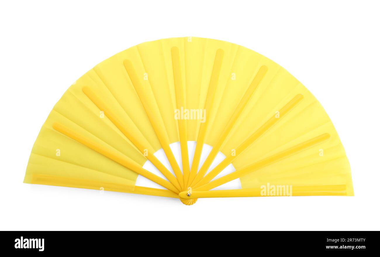 Bright yellow hand fan isolated on white, top view Stock Photo - Alamy