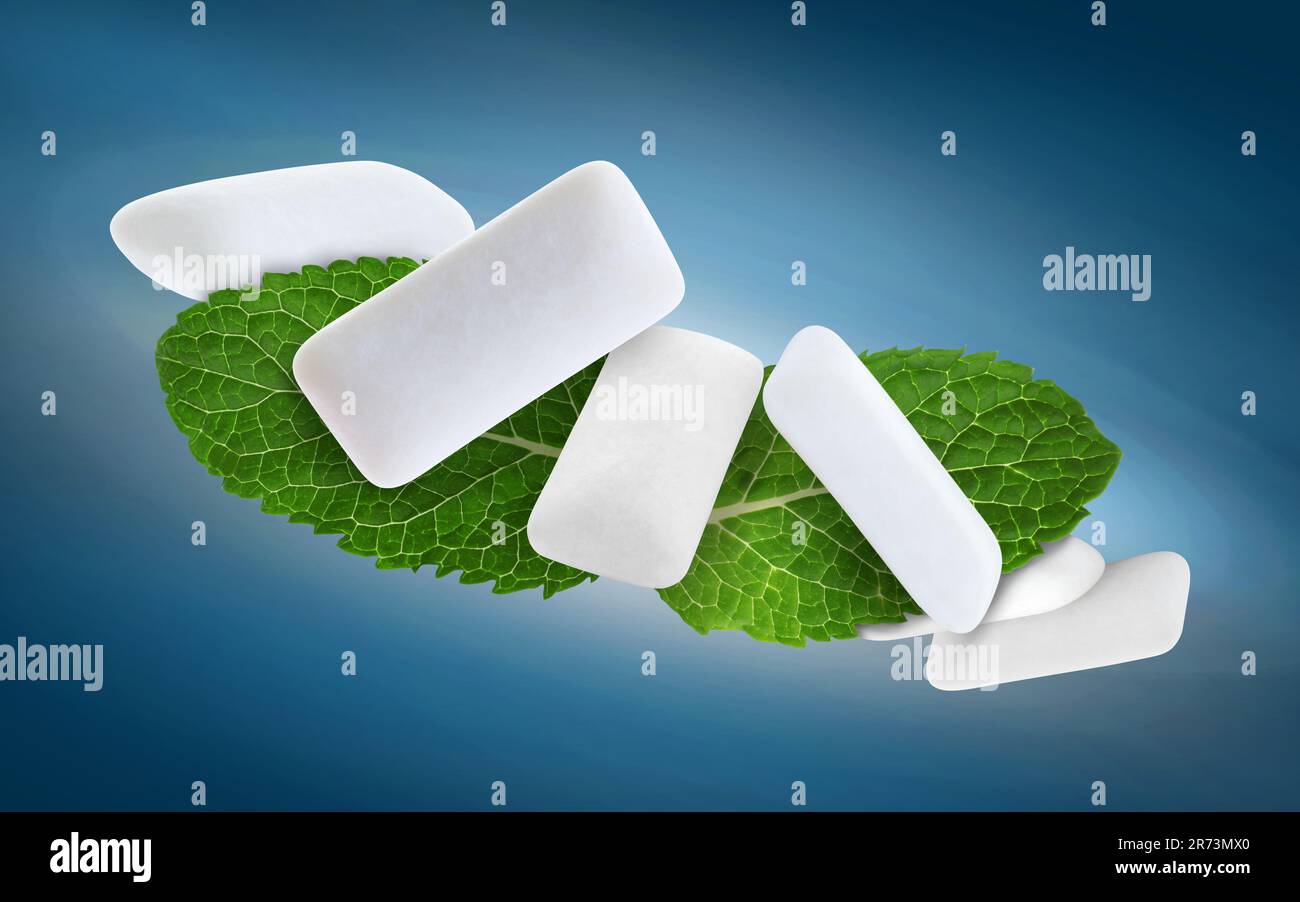 Fresh mint leaves and chewing gum pads flying on blue background Stock ...