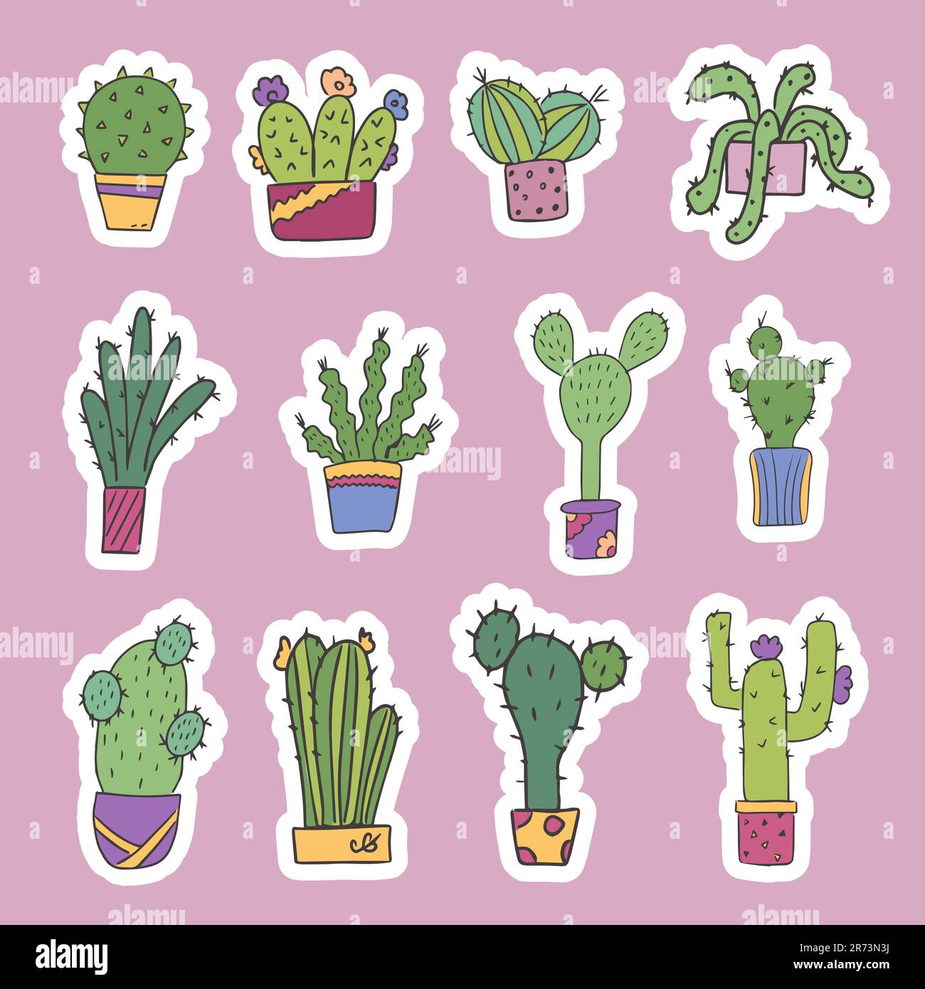 Set of cute stickers of cacti in pots. Indoor plants. For the design of ...