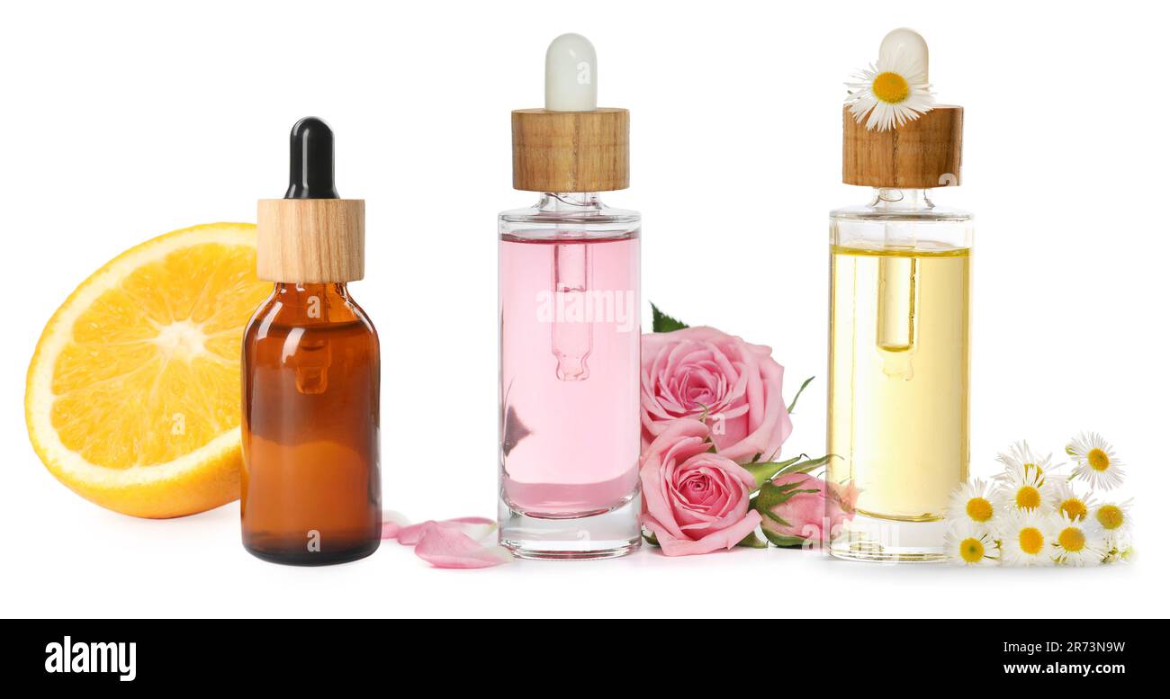 Different essential oils and ingredients on white background, collage ...