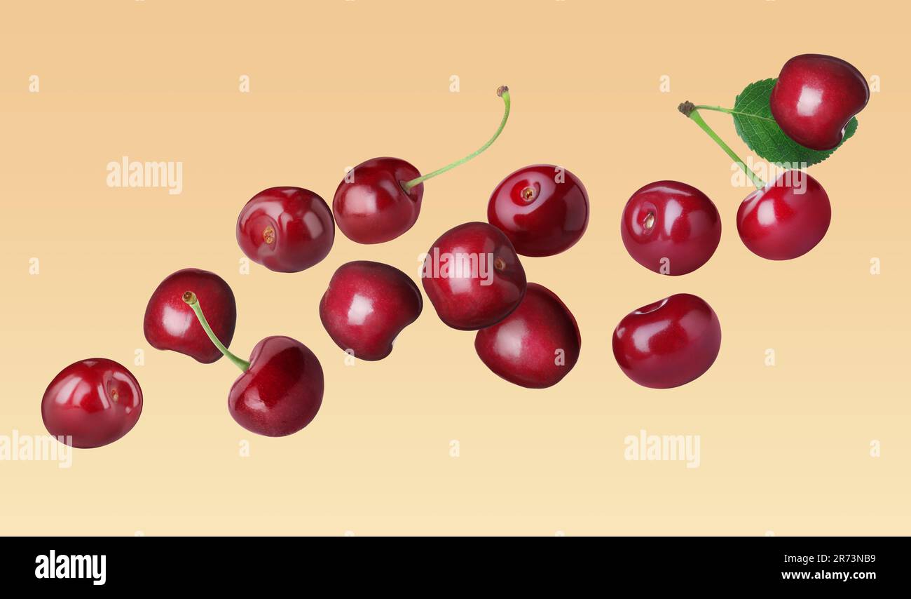 Fresh cherries flying on pale orange background Stock Photo - Alamy