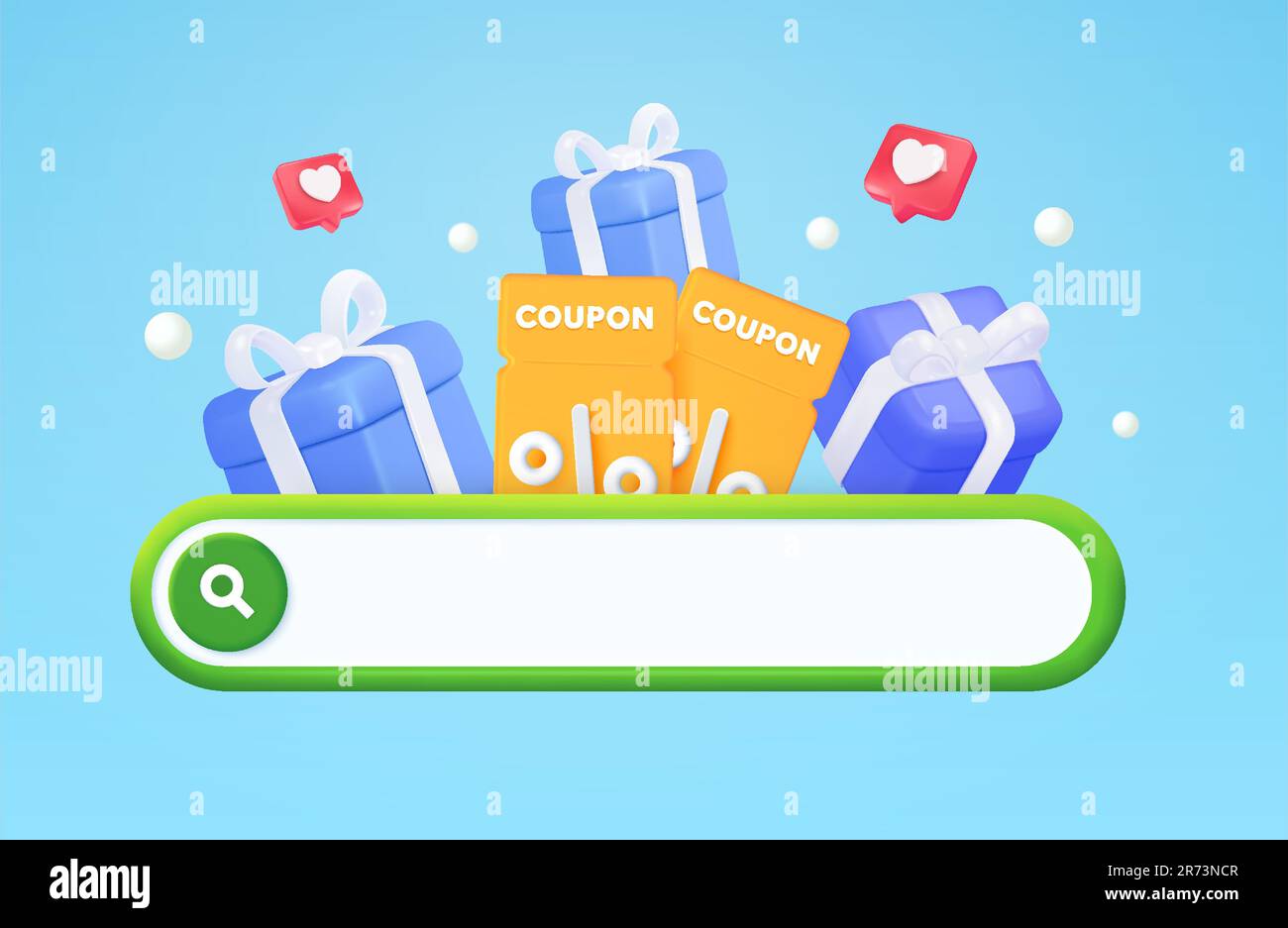 3d search bar input with gift boxes, vouchers, coupons, love heart ...