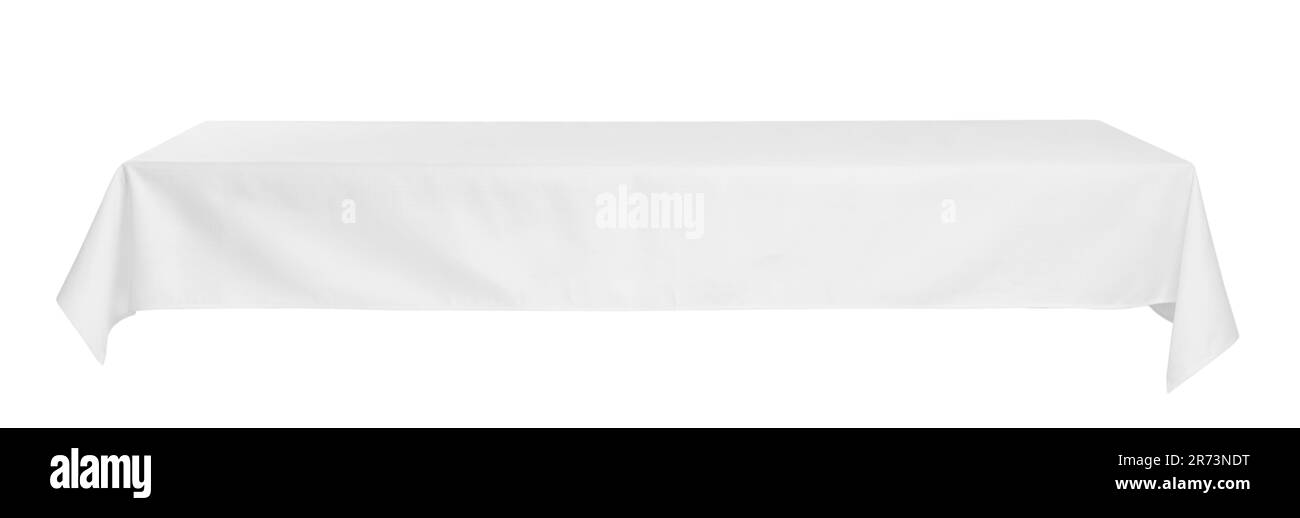 Table with white tablecloth isolated on white Stock Photo - Alamy
