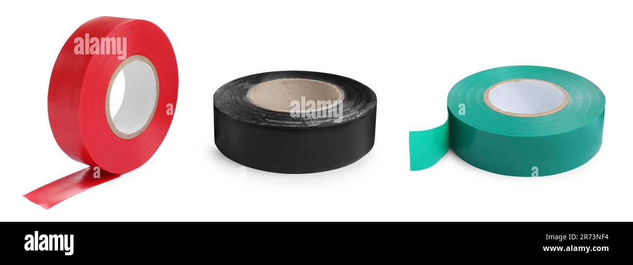 Set with insulating tapes in different colors on white background Stock ...