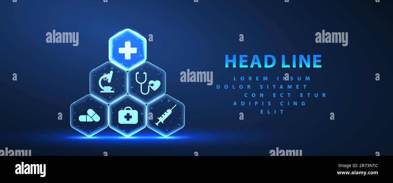 Healthcare system. Abstract pyramid of hexagons with medical icons and ...
