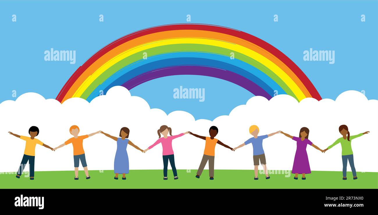 happy children of different skin color holding hands under rainbow ...