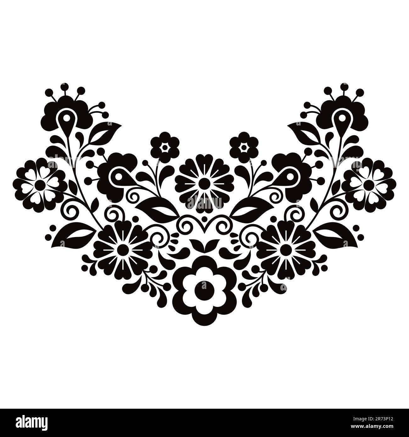 Mexican vibrant folk art style vector pattern with flowers, half wreath ...