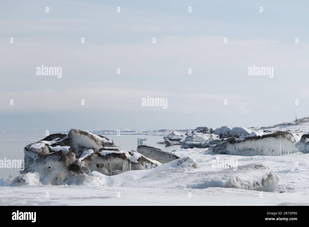 Sea ice on snowy beach in winter, Abashiri, Hokkaido, Japan Stock Photo ...