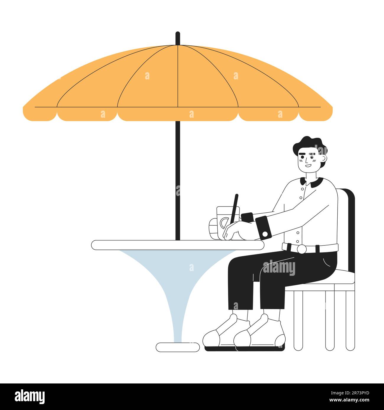 Young man drinking juice at cafe flat vector cartoon outline character ...