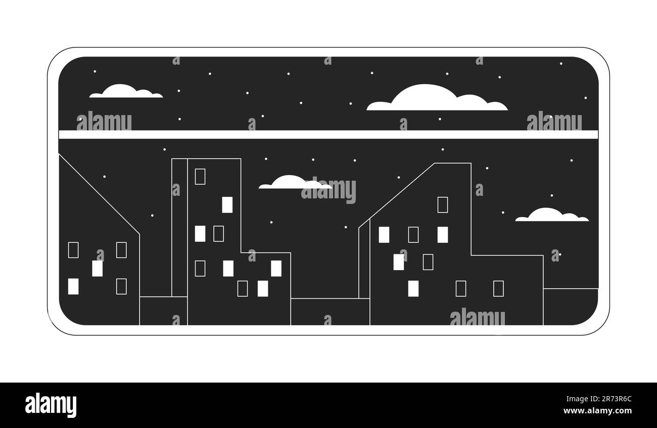 Train window with city building night view line art vector cartoon icon ...