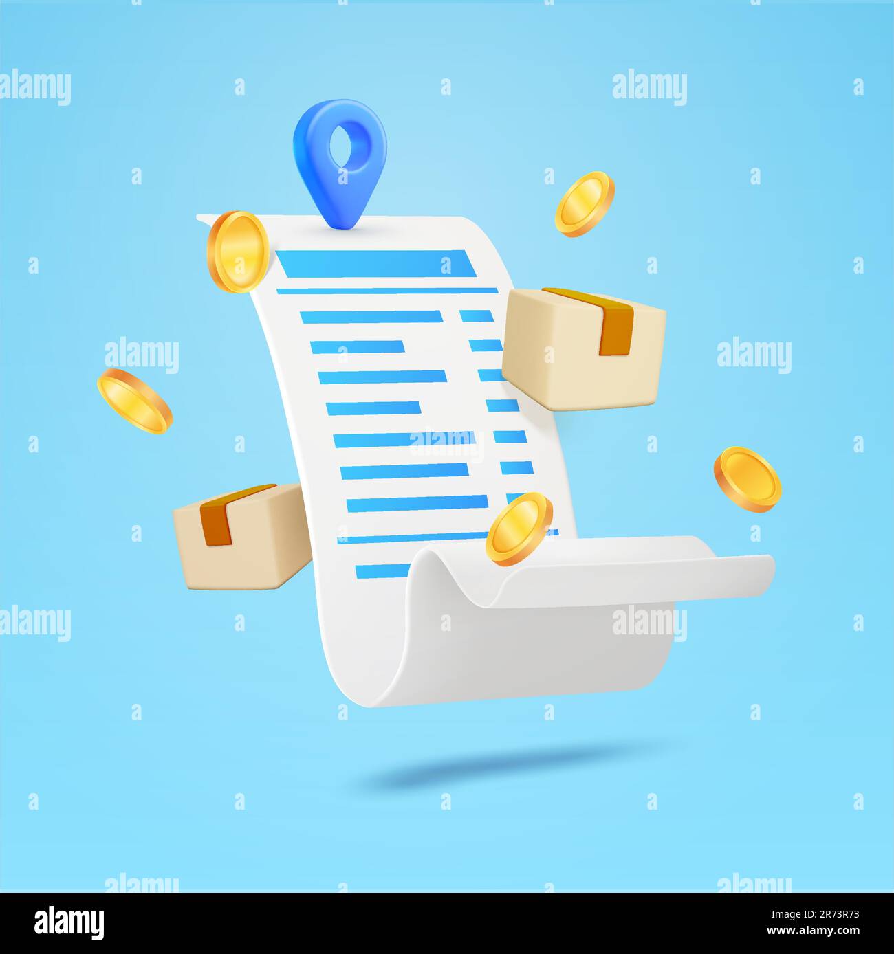3d receipt with map marker, packing cargo box, coins flying around ...