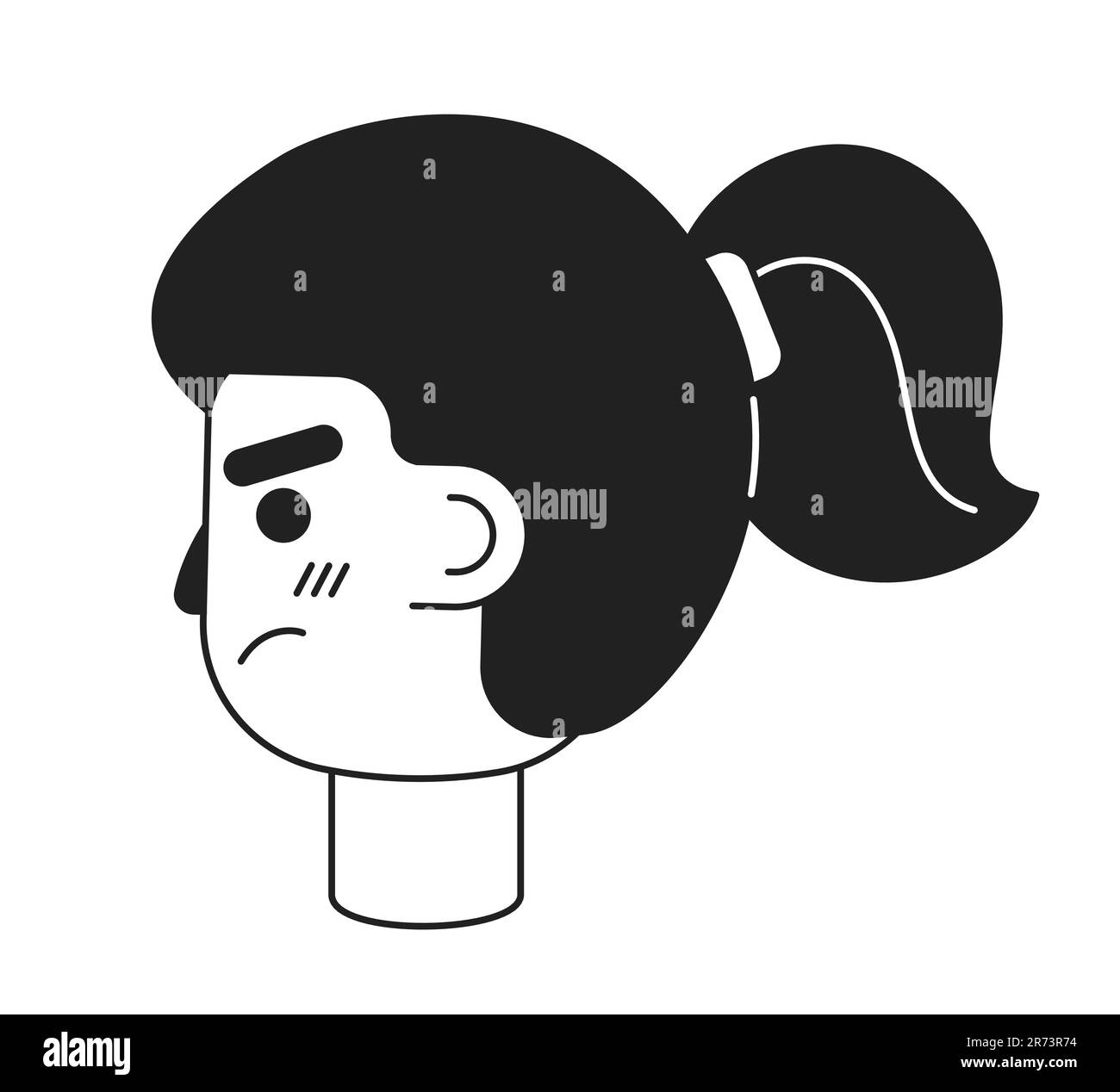 Angry female teenager with ponytail side view monochrome flat linear ...
