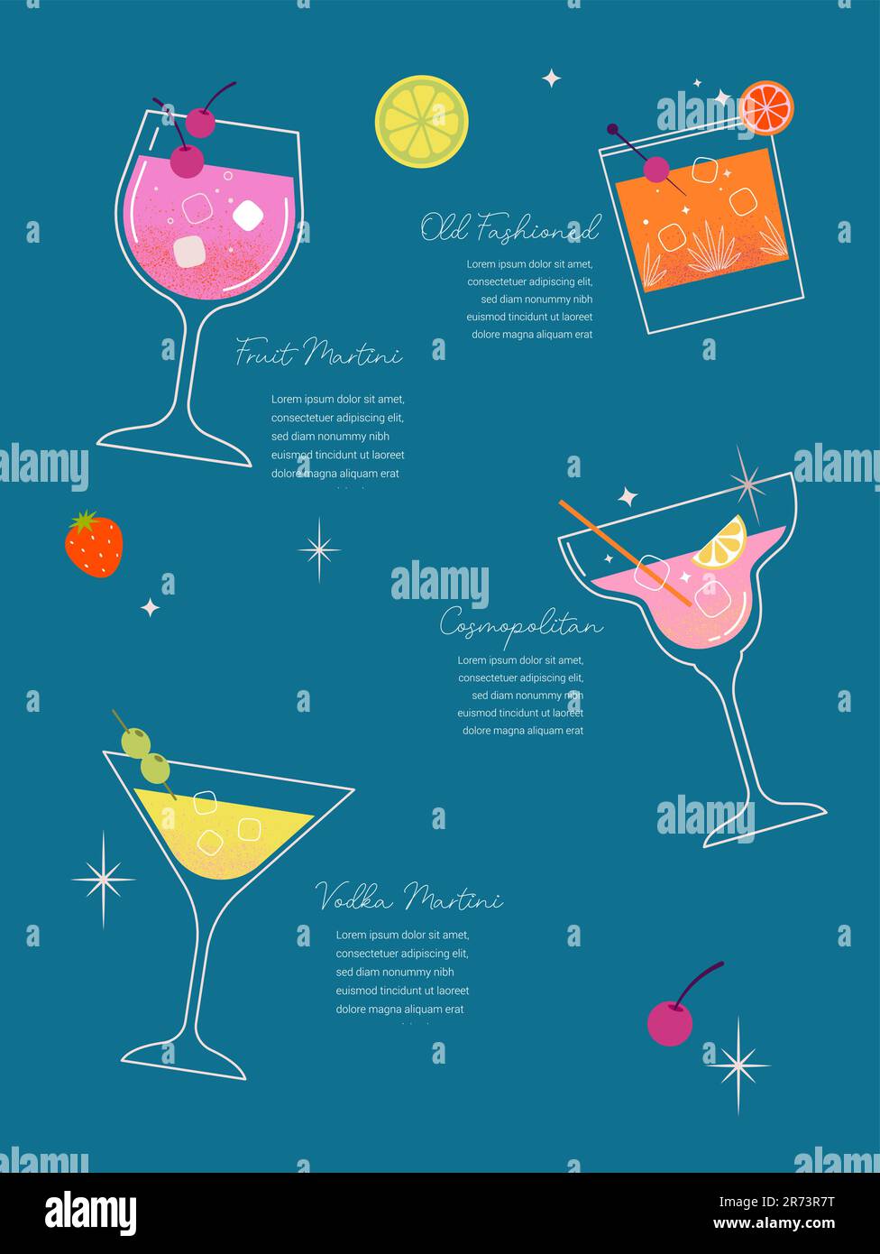 Modern flat summer cocktails collection. Colorful background with ...