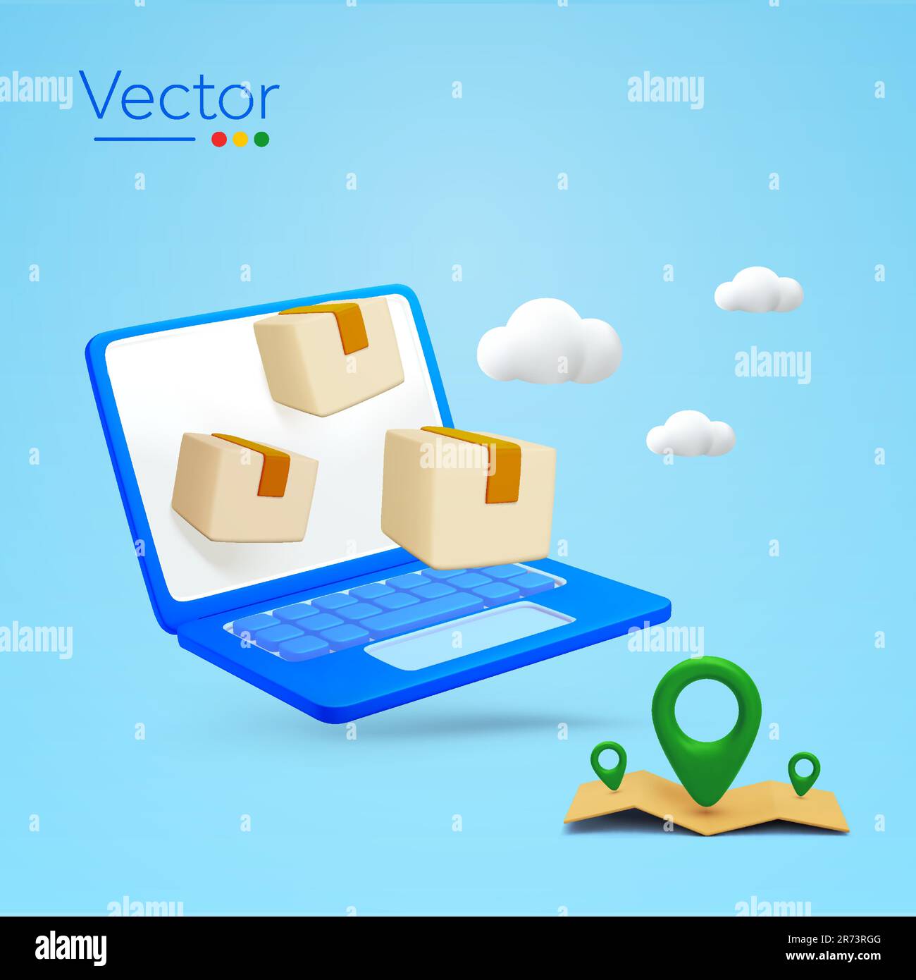 3d laptop with shipping cargo boxes, clouds, map marker, isolated on ...