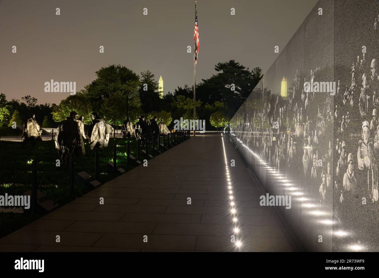The Korean Veterans War Memorial after dark in Washington DC Stock ...