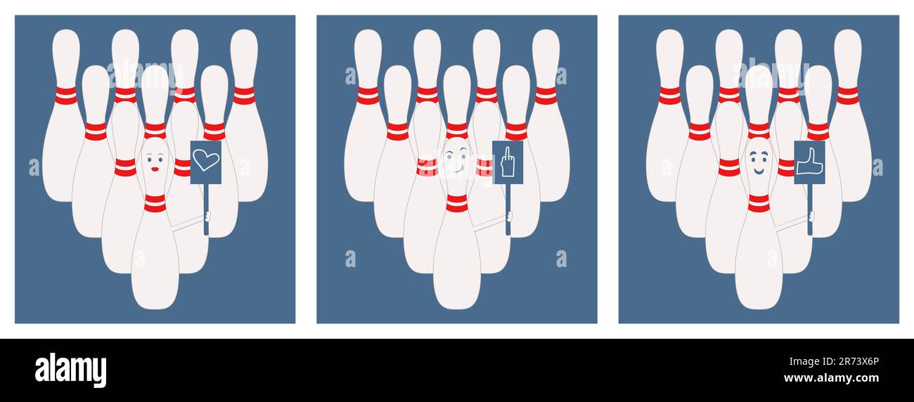 Funny White Bowling Pins On Blue Background First Pin Holding In Hand Placard With Different
