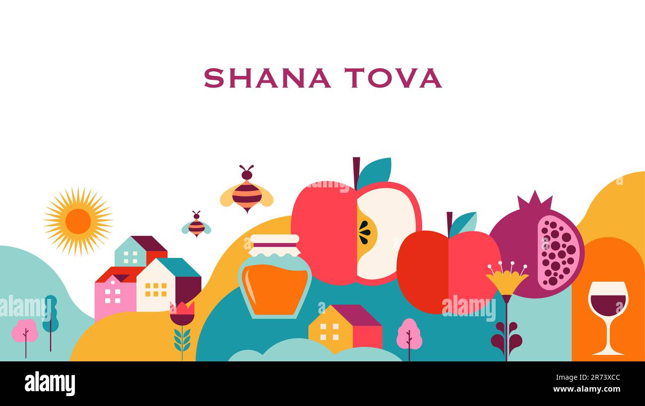 Rosh Hashanah background, banner, flat geometric style. Shana Tova ...