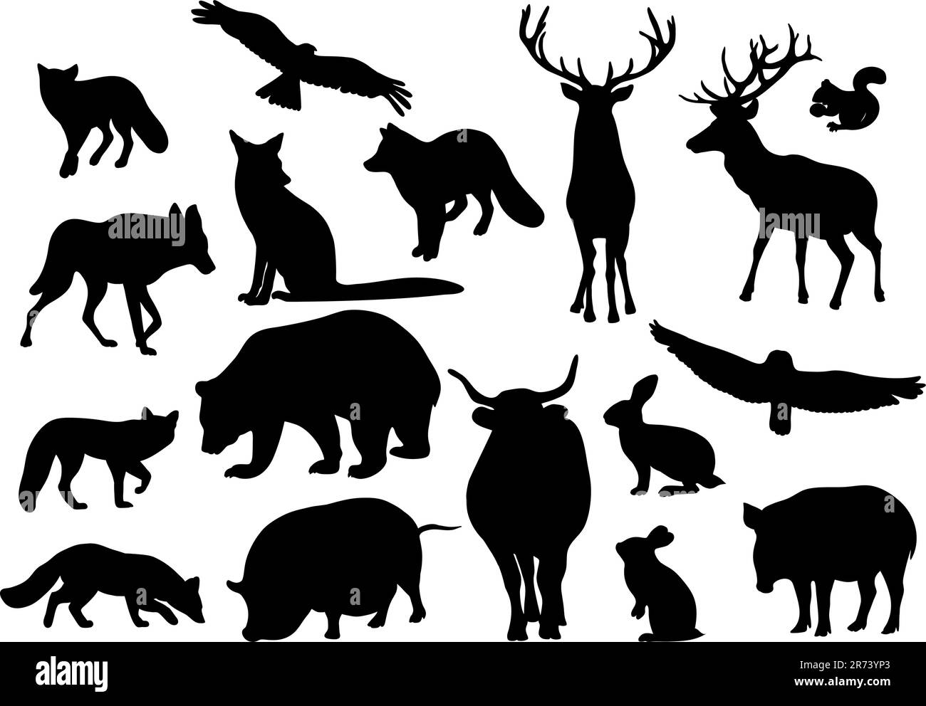 Collection silhouettes forest wild animals, predators and birds. Vector ...